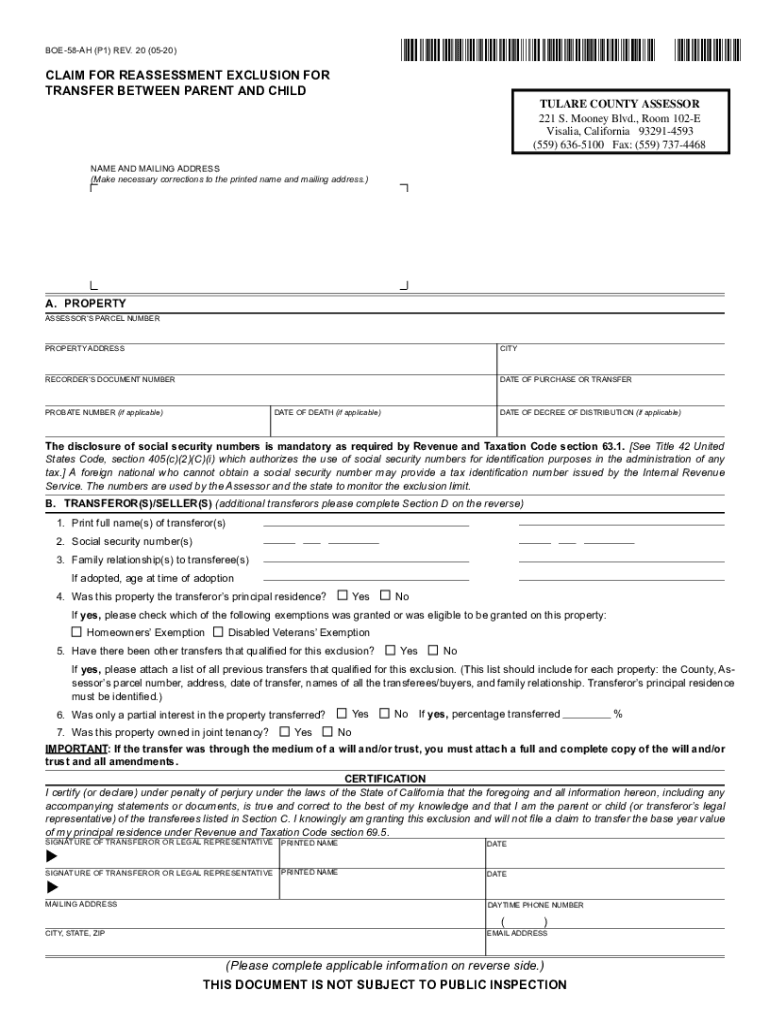Fillable Online Claim for Reassessment Exclusion for Transfer ... - California Fax Email Print ...