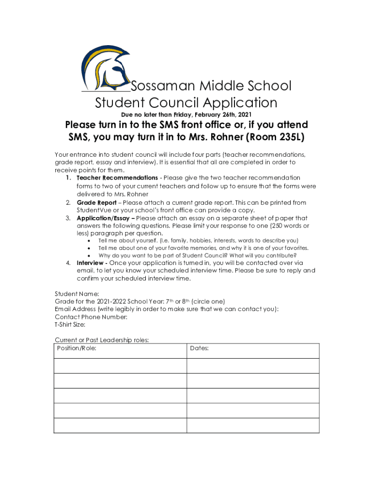 Fillable Online Middle school student council application (48 New ...