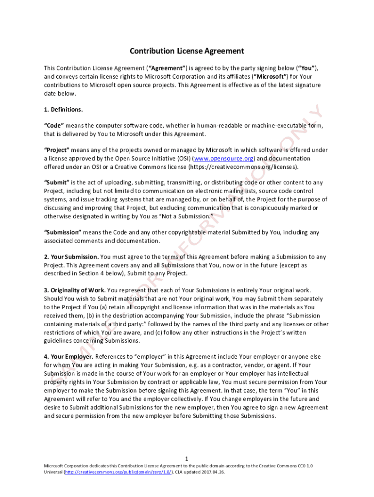 Fillable Online Microsoft Contribution License Agreement Sample Fax ...