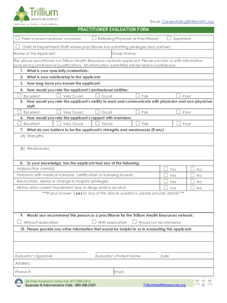 Fillable Online Practitioner Evaluation Form 12.18 - Trillium Health ...