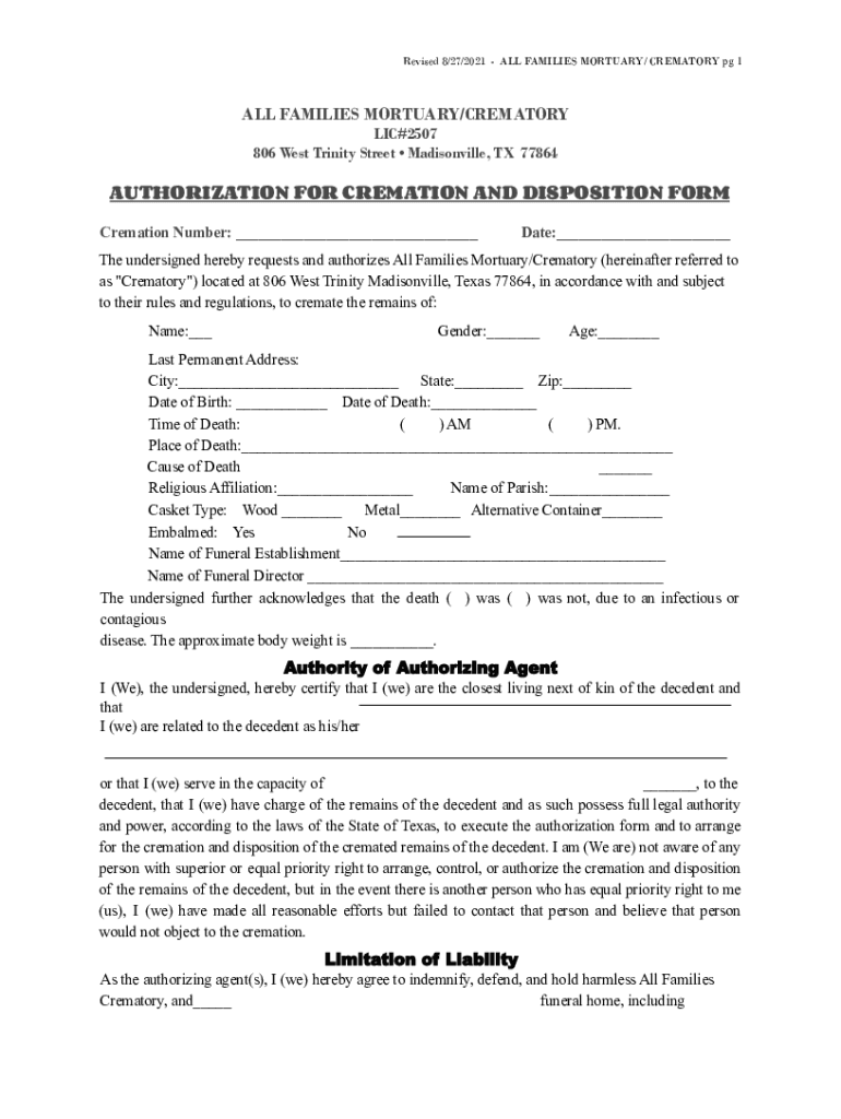 Fillable Online AF Crematory AUTHORIZATION.doc Fax Email Print - pdfFiller