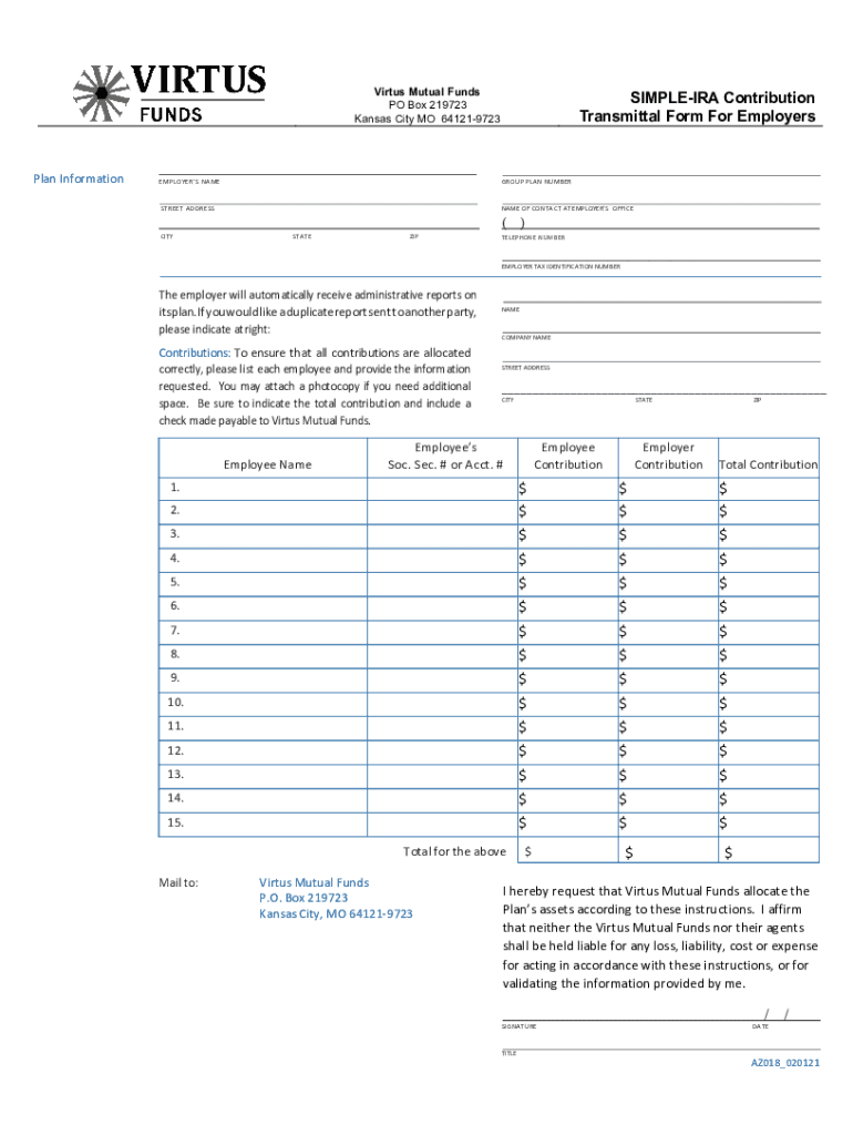 Fillable Online SIMPLE-IRA Transmittal Form for EmployersAZ018020121 ...