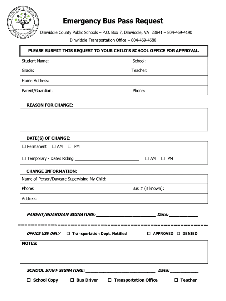 Fillable Online DCPS Emergency Bus Pass. Bus Pass; Dinwiddie County ...