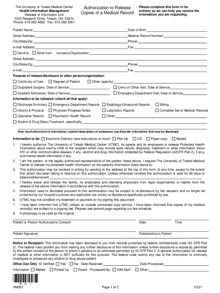 Fillable Online utmc utoledo Please complete this form in its ... - University of Toledo Fax ...