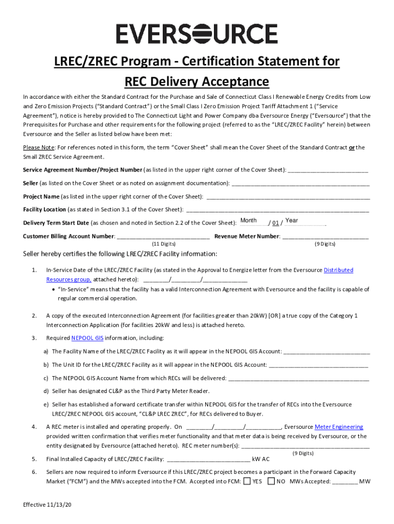 Fillable Online LREC/ZREC Program - Certification Statement for REC ...