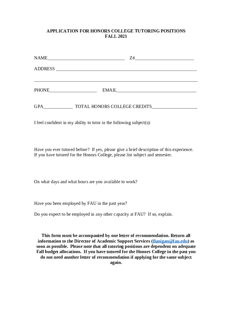 APPLICATION FOR TUTORING POSITIONS Doc Template | pdfFiller