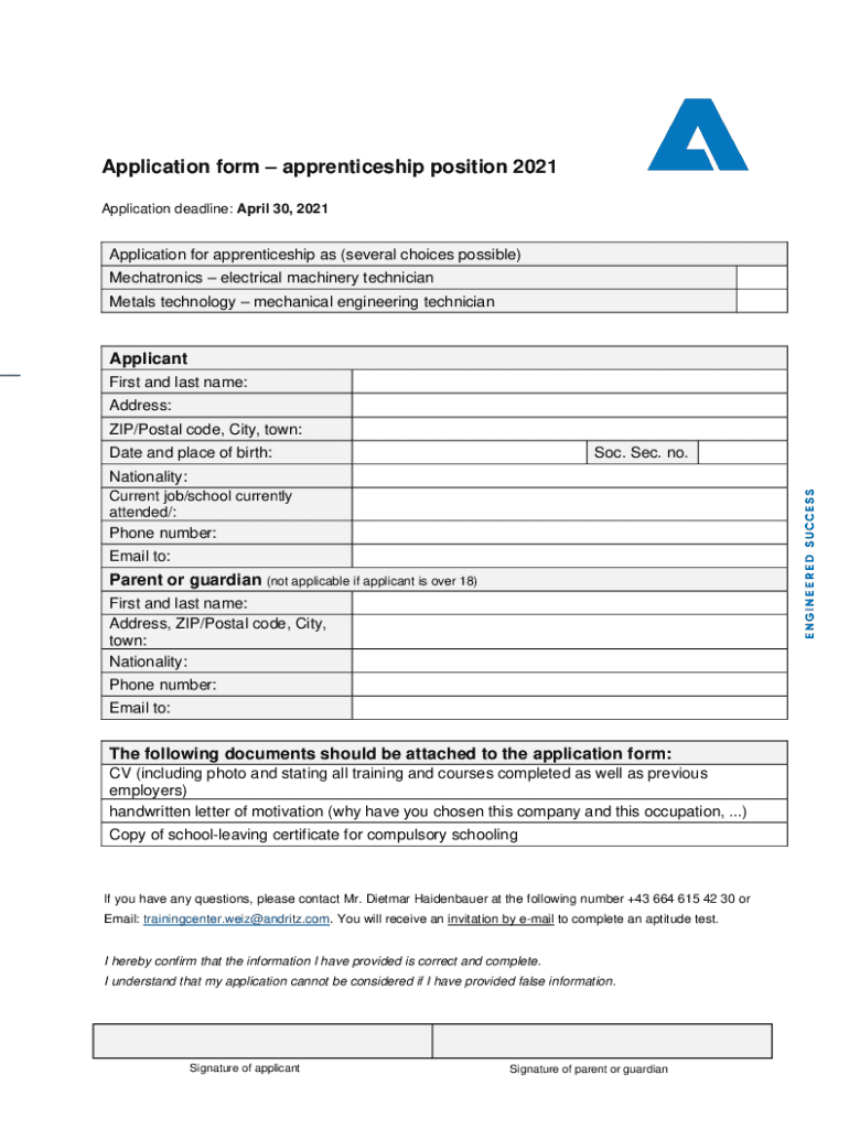 Fillable Online Application form for apprenticeship at Weiz. Application form for apprenticeship ...