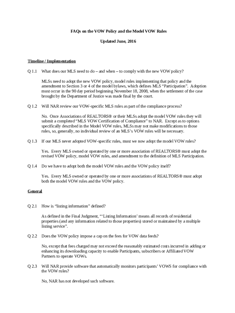 FAQs on the VOW Policy and the Model VOW Rules Doc Template | pdfFiller