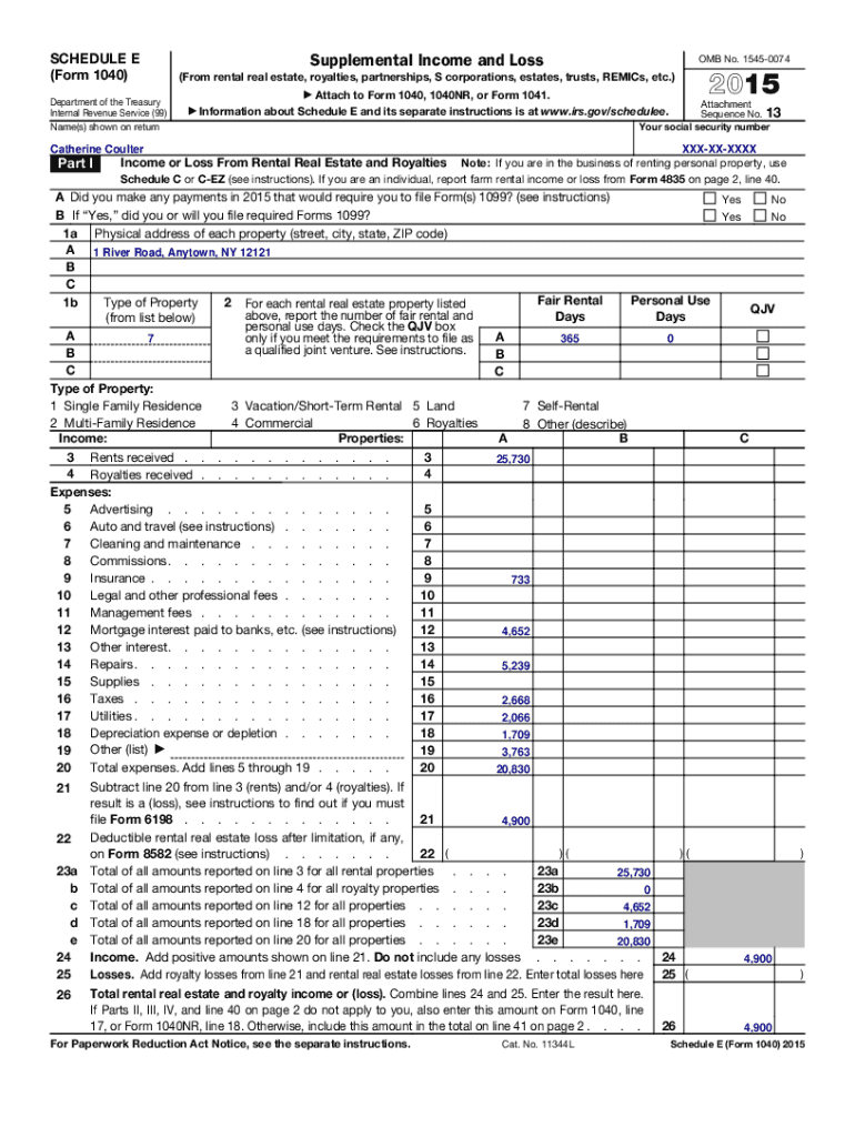 Fillable Online Sch E - SCHEDULE E(Form 1040 Department of the Treasury ...