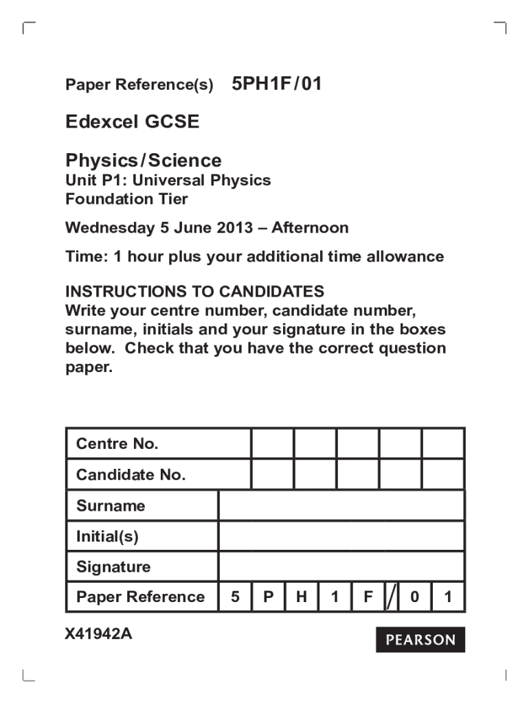 Fillable Online Paper Reference(s) 5PH1F/01 Edexcel GCSE Physics ...