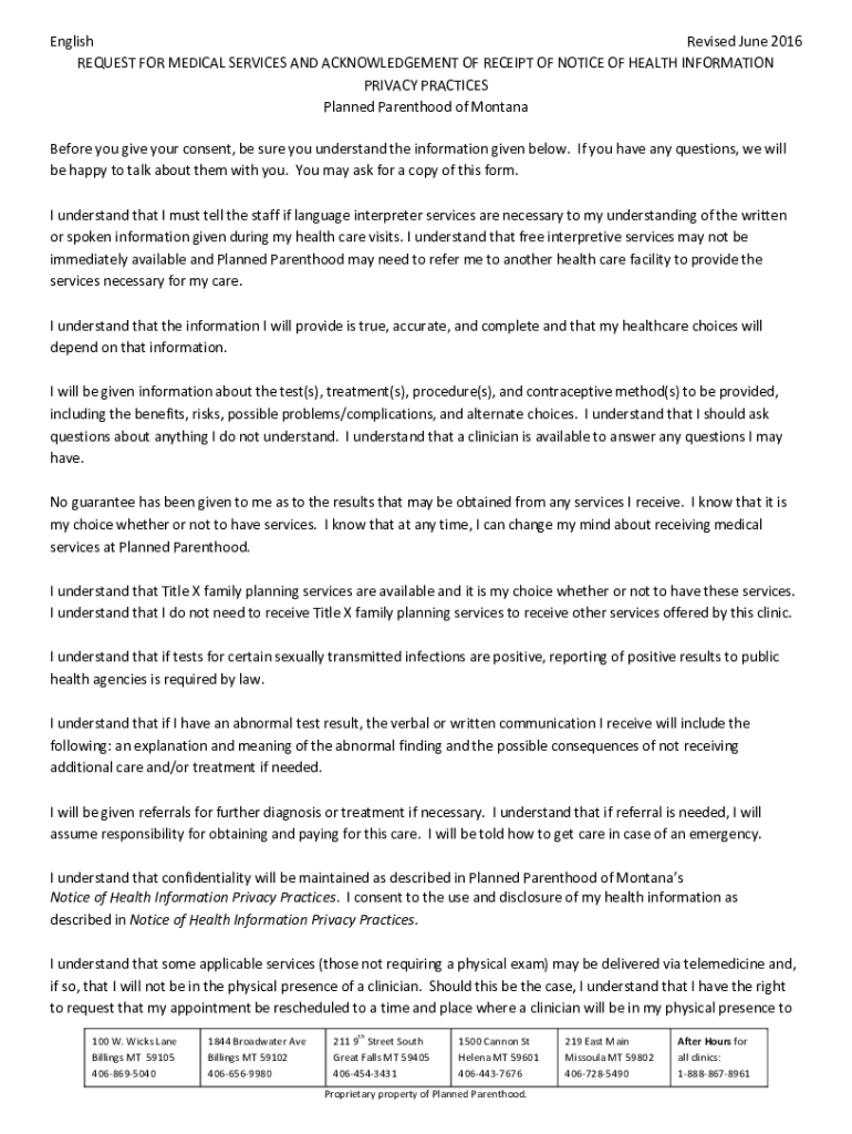 Fillable Online REQUEST FOR MEDICAL SERVICES AND ACKNOWLEDGEMENT OF ...