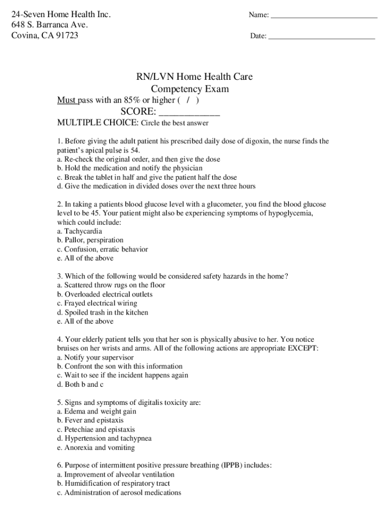 Fillable Online RN/LVN Home Health Care Fax Email Print - pdfFiller