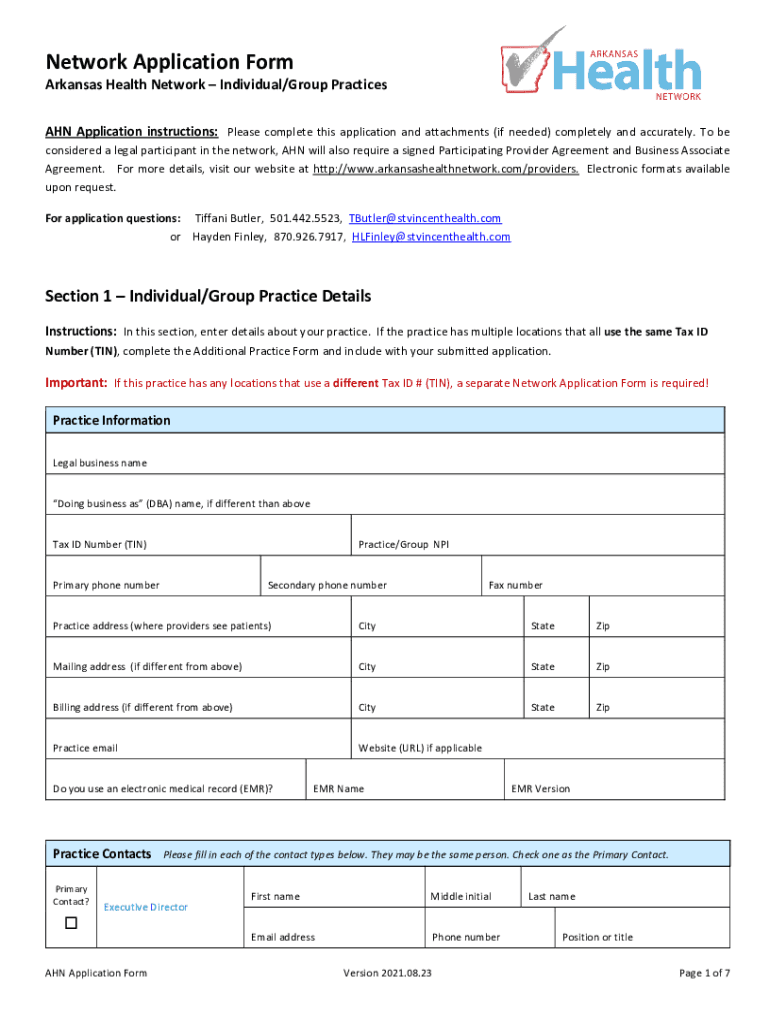 Fillable Online Network Application Form - Arkansas Health Network Fax ...