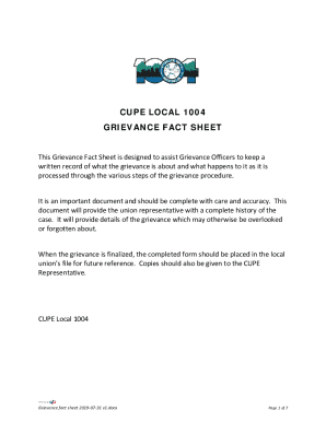 Fillable Online CUPE LOCAL 1004 GRIEVANCE FACT SHEET Fax Email Print - pdfFiller