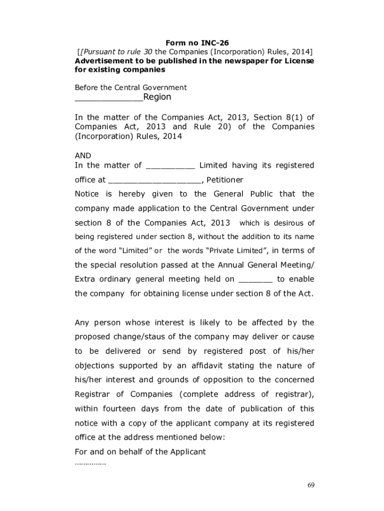 Fillable Online Form No. INC-26 Pursuant to rule 30 the Companies ...