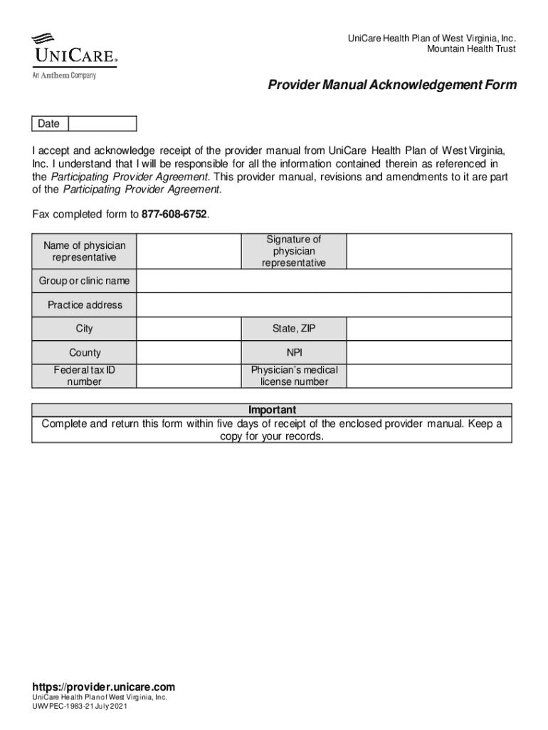 Fillable Online Provider Manual Acknowledgement Form Fax Email Print ...