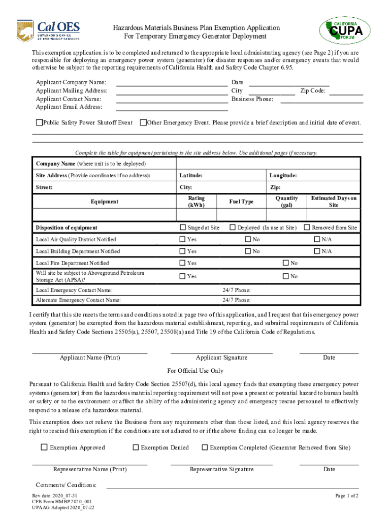 Fillable Online Hazardous Materials Business Plan Exemption Application ...