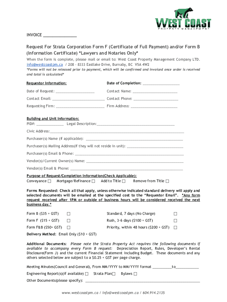 Fillable Online Request For Strata Corporation Form F (Certificate of ...