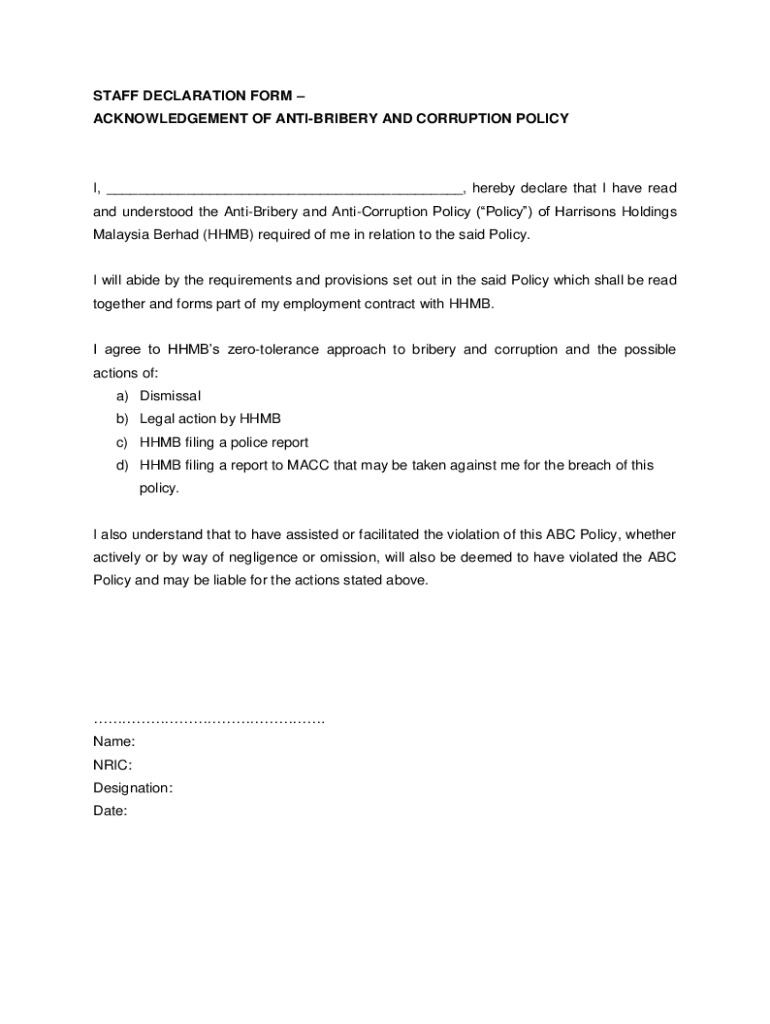 Fillable Online STAFF DECLARATION FORM ACKNOWLEDGEMENT OF ANTI-BRIBERY ...