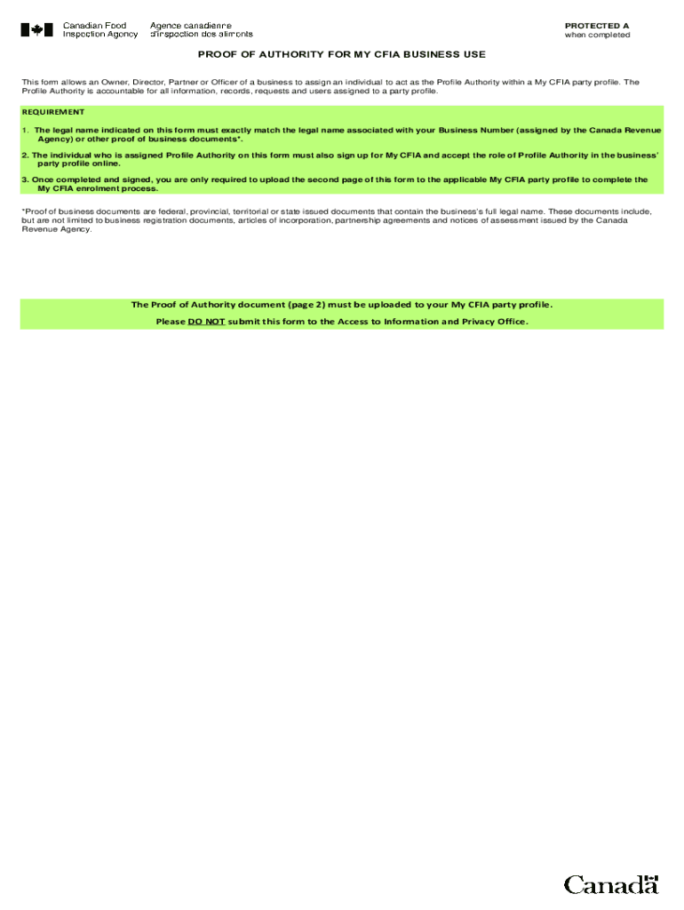 Fillable Online PROOF OF AUTHORITY FOR MY CFIA BUSINESS USE. PROOF OF ...