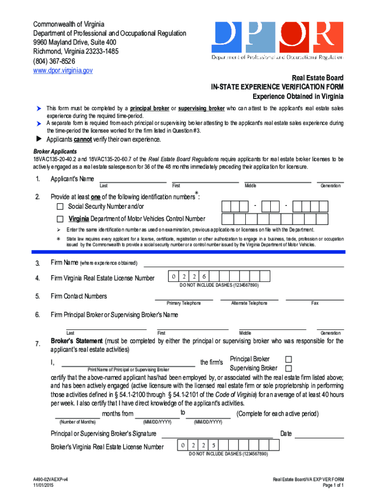 Fillable Online A490-02VAEXP - RE In-State Experience Verification Form ...