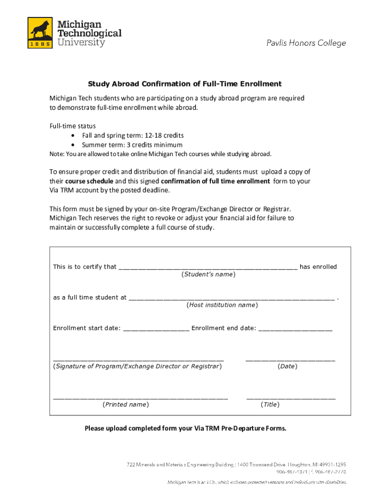 Fillable Online Study Abroad Confirmation of Full-Time Enrollment Fax ...