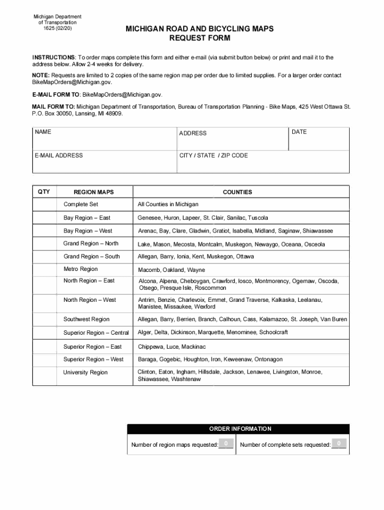 Fillable Online MICHIGAN ROAD AND BICYCLING MAPS REQUEST FORM. MICHIGAN ...