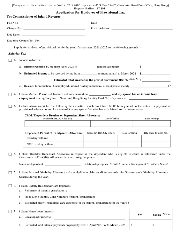 Fillable Online Application for Holdover of Provisional Tax ...
