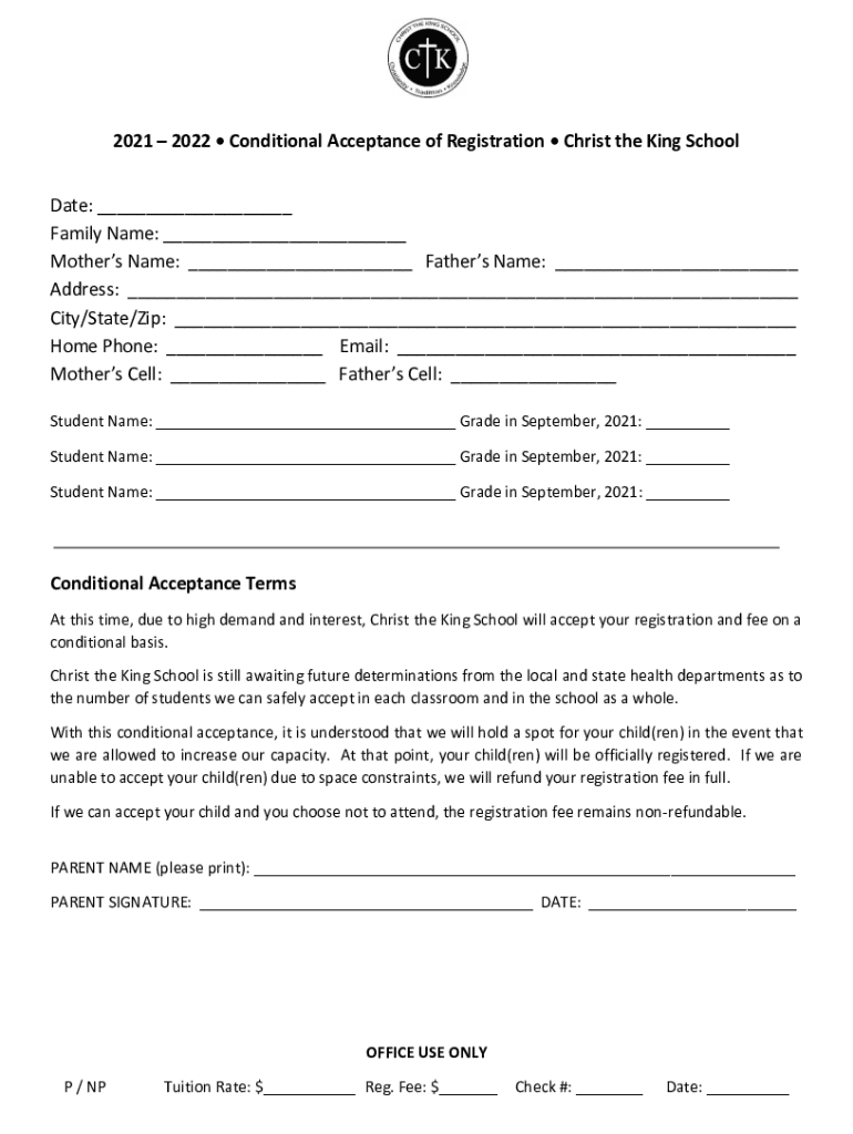 Fillable Online 2021 2022 Conditional Acceptance of Registration Christ ...