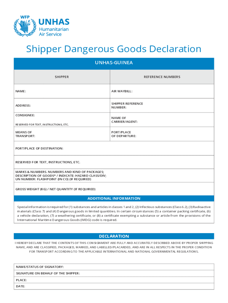 Fillable Online UNHAS SHIPPERS' DANG GOODS DECL FORM EN 04.indd Fax ...