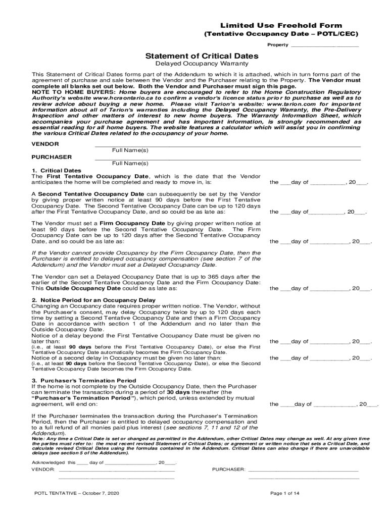 Fillable Online Limited Use Freehold Form (Tentative Occupancy Date - POTL/CEC) Fax Email Print ...