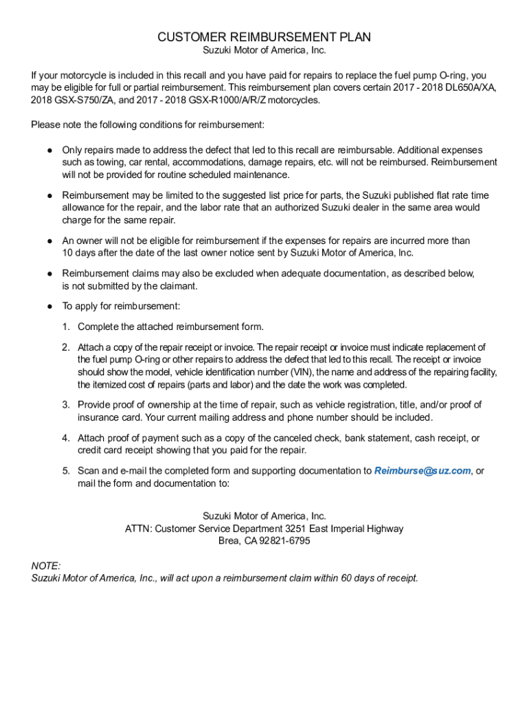 Fillable Online static.nhtsa.govodirclOWNER REIMBURSEMENT PLAN Suzuki Motor of America, Inc. Fax ...