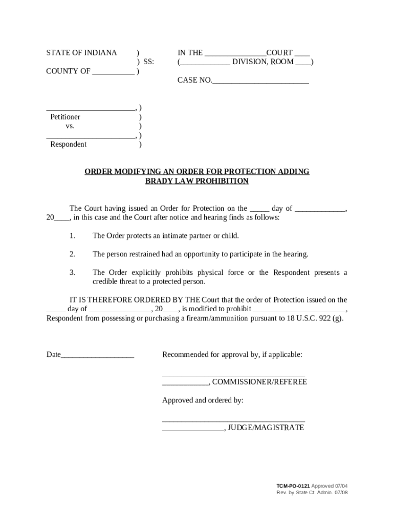 ORDER MODIFYING AN ORDER FOR PROTECTION ADDING BRADY LAW PROHIBITION Doc Template | pdfFiller