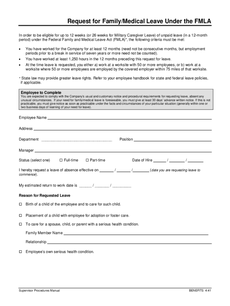 Fillable Online Request for Family/Medical Leave Under the FMLA Fax ...