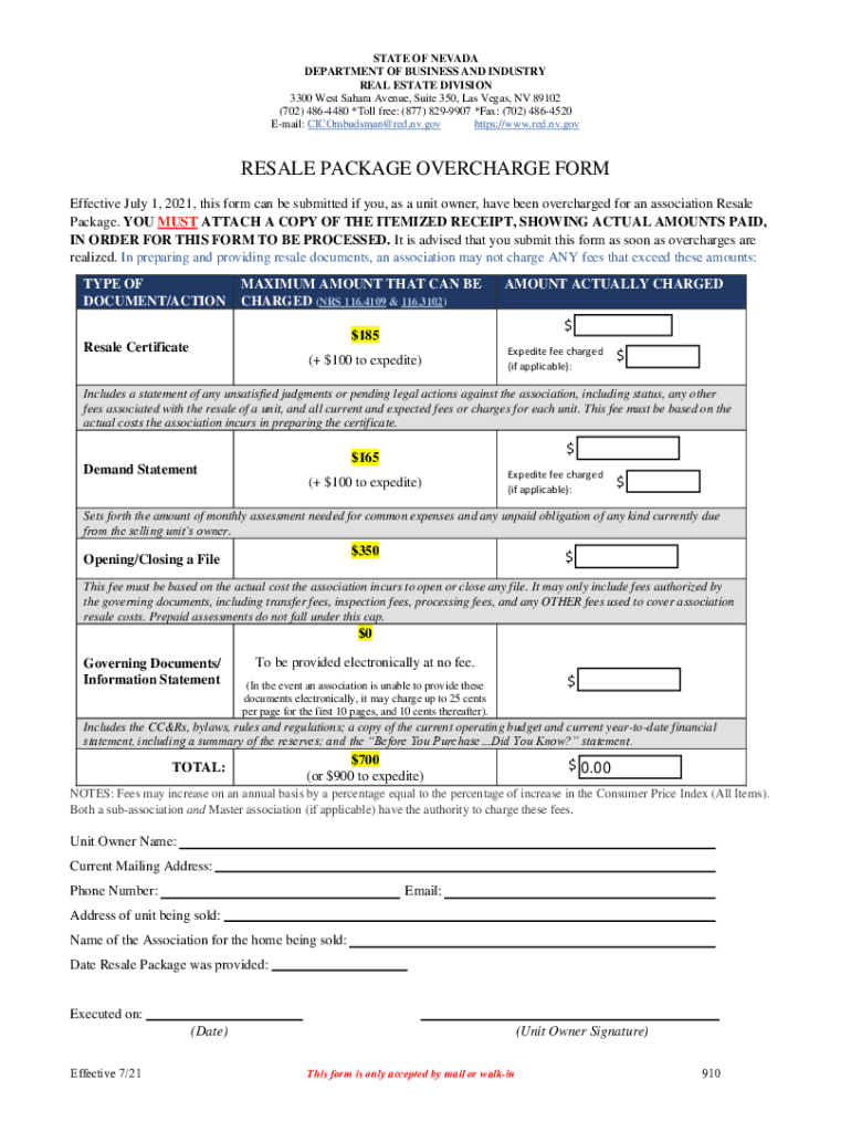 Fillable Online Form 910 - Resale Package Overcharge Form Fax Email ...