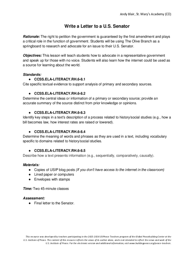 Fillable Online Write a Letter to a U.S. Senator - United States ...