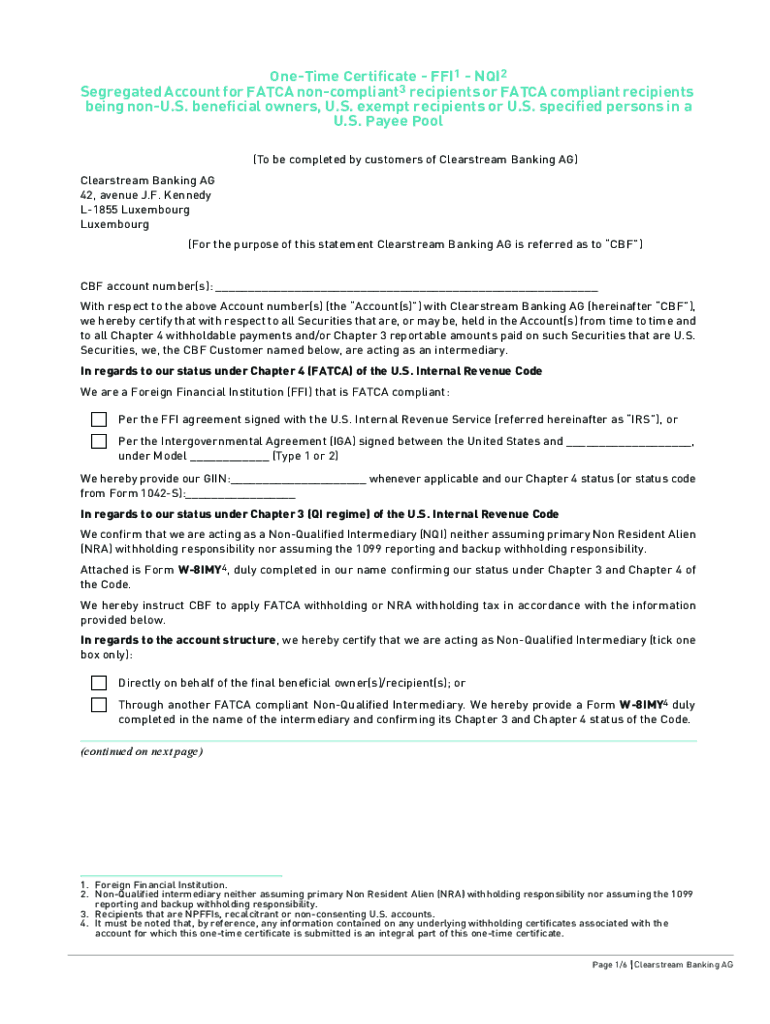 Fillable Online One-Time Certificate - FFI - NQI Segregated Account for ...