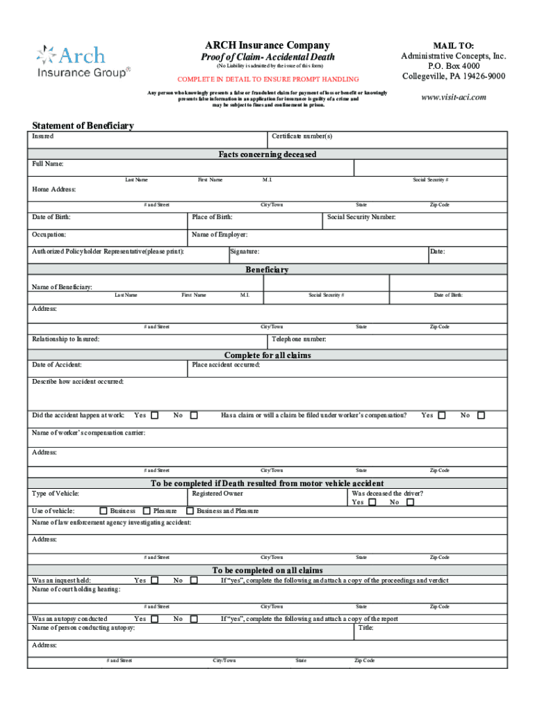 Fillable Online ACE American Insurance Company Proof of Claim ...