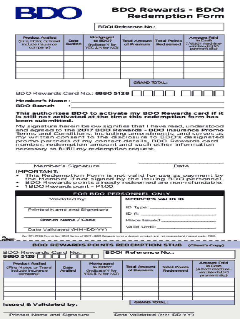Fillable Online PDF BDO Rewards - BDOI Redemption Form Fax Email Print ...