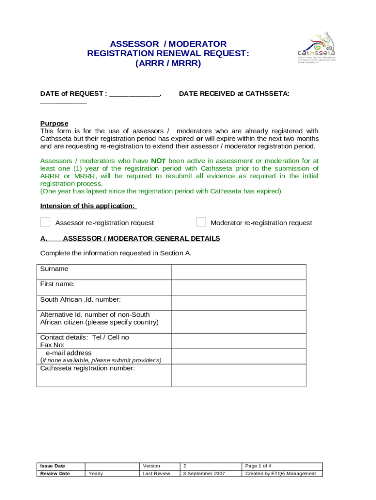 ASSESSOR / MODERATOR REGISTRATION RENEWAL REQUEST: (ARRR ...