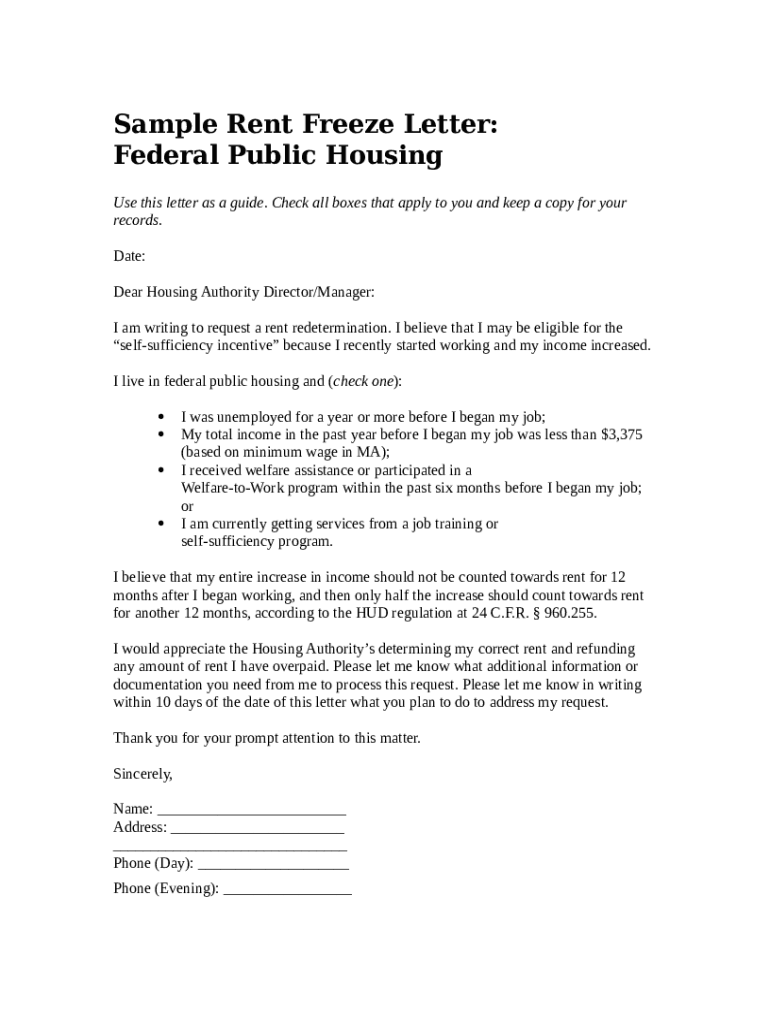 Sample Rent Freeze Letters - MassLegalHelp Doc Template | pdfFiller