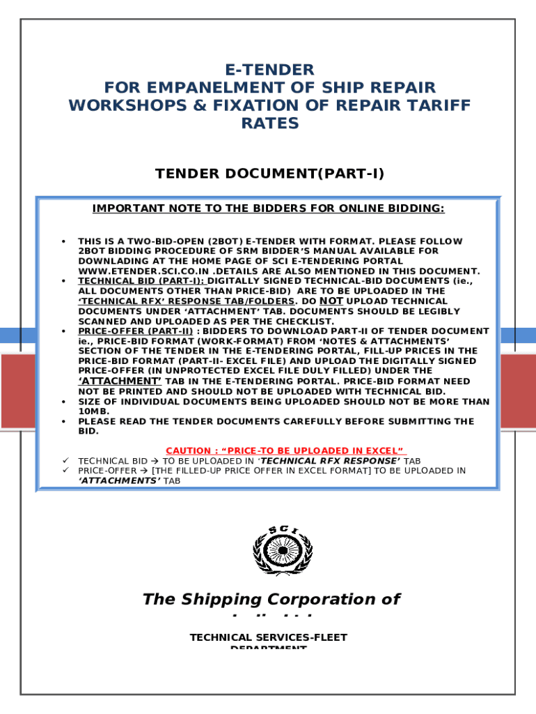 E-TENDER FOR EMPANELMENT OF SHIP REPAIR WORKSHOPS & FIXATION OF REPAIR ...