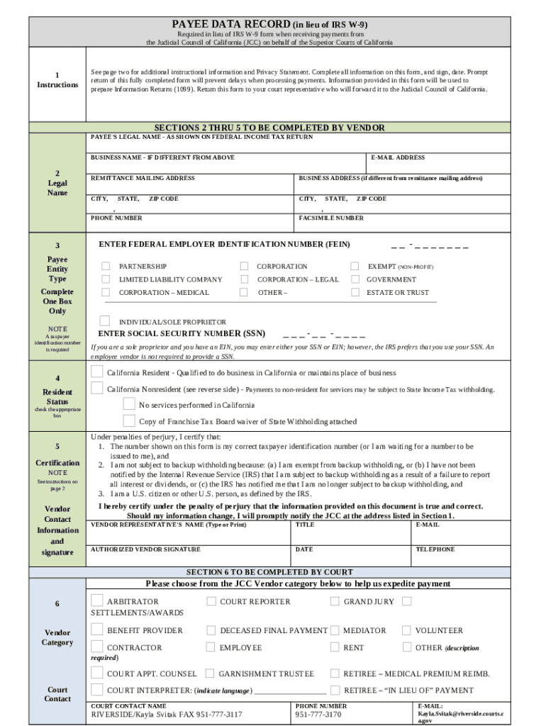 Payee Data Record (in lieu of IRS W-9) Doc Template | pdfFiller