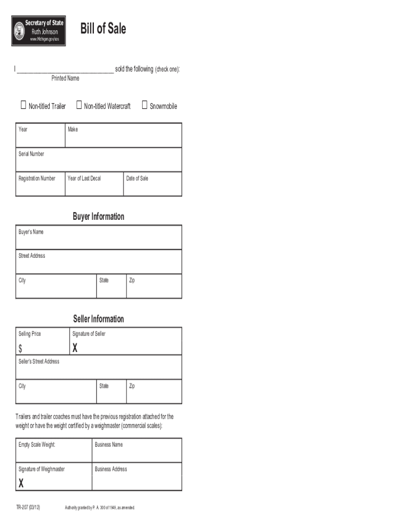 Michigan Bill Of Sale - Fill Online, Printable, Fillable, Blank | pdfFiller