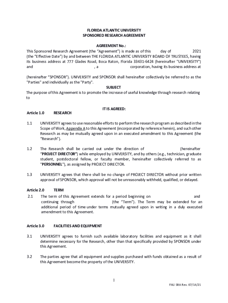 Fillable Online This Sponsored Research Agreement - Florida Atlantic ...