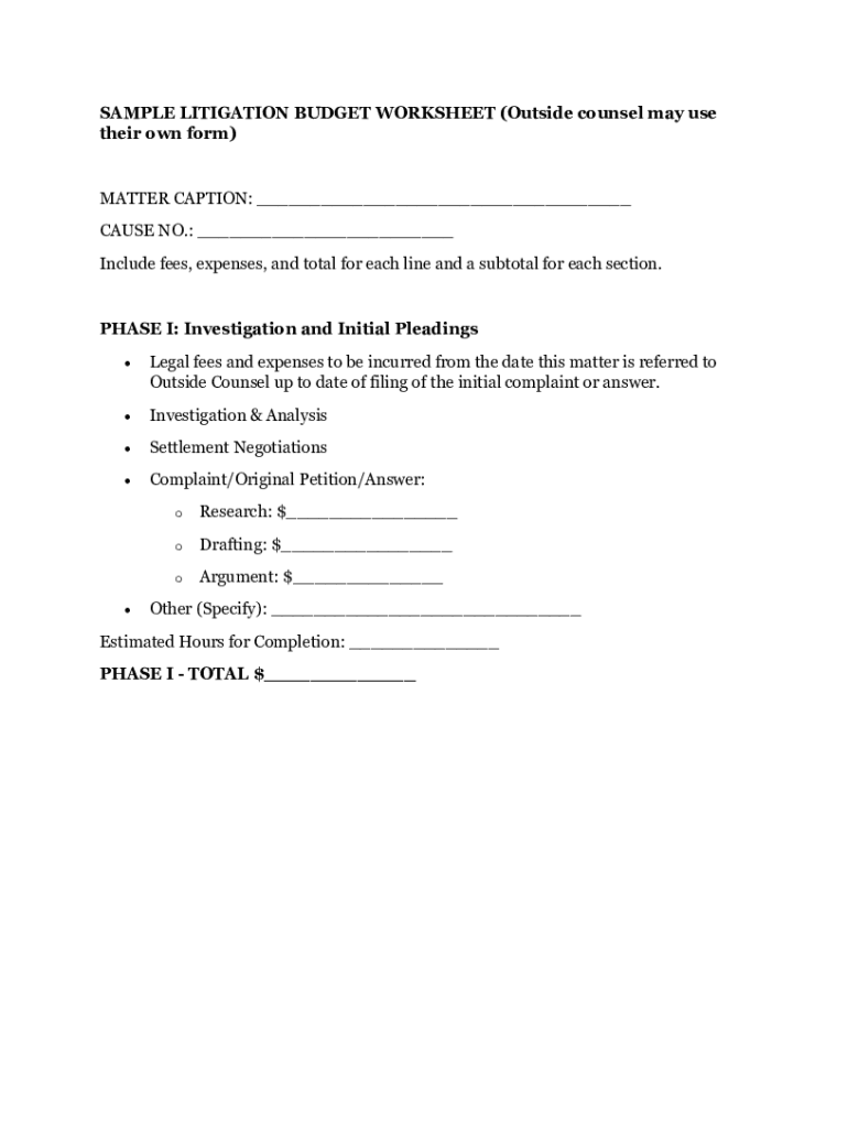 Litigation Budget Worksheet - Blank Fillable Template | Fill Out, Print ...