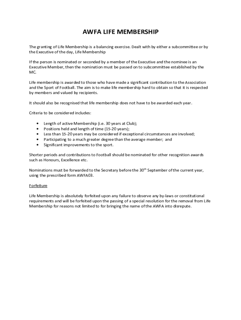 Fillable Online AWFA03 Life Membership Nomination Form Fax Email Print ...