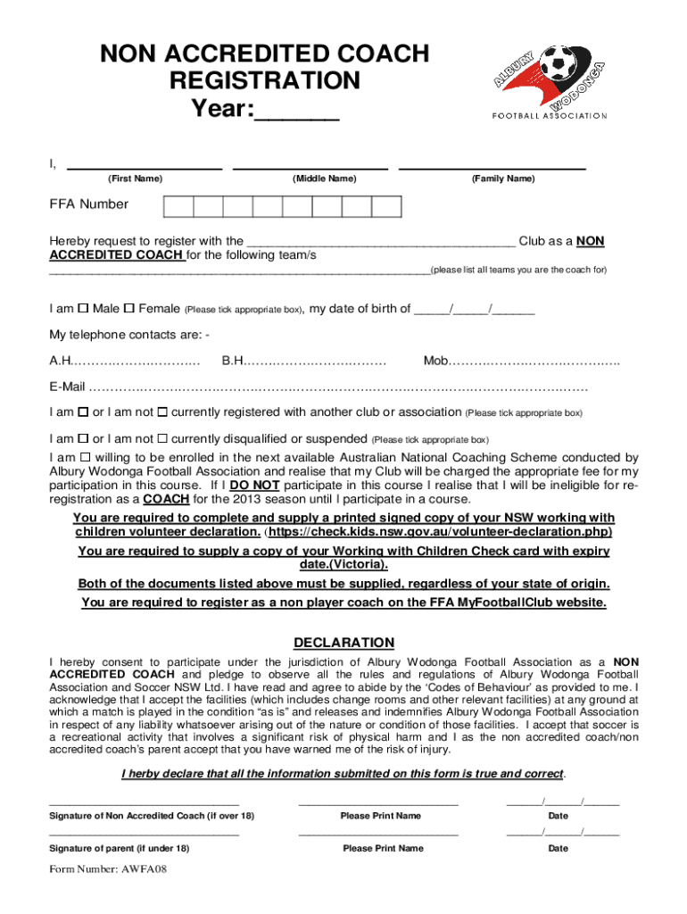 Fillable Online AWFA08 Non Accredited Coach Registration Form Fax Email ...