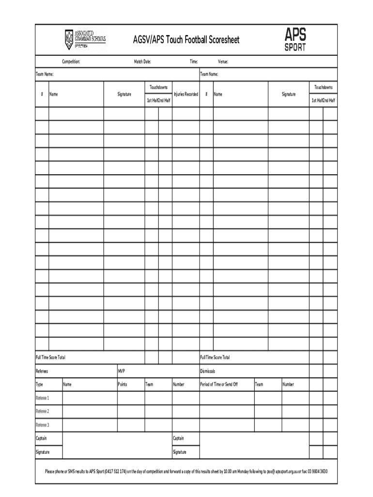 Fillable Online AGSV/APS Touch Football Scoresheet - Associated Grammar ...