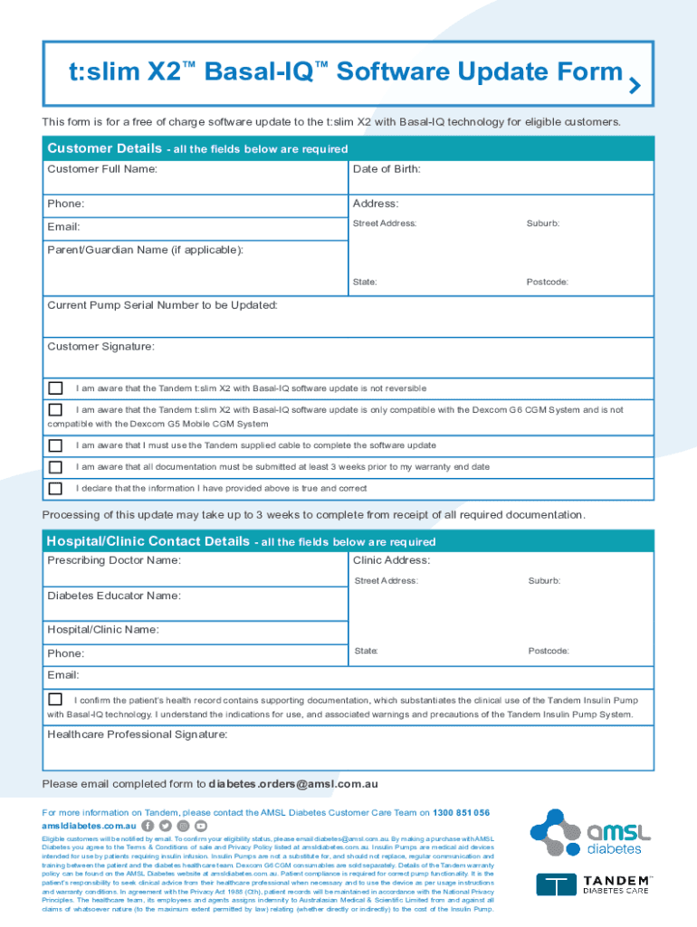 Fillable Online t:slim X2 Basal-IQ Software Update Form - AMSL Diabetes ...